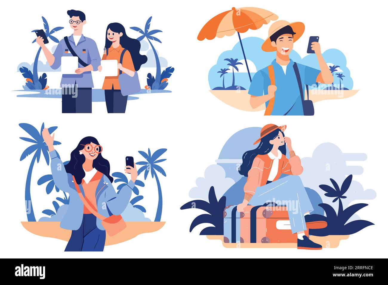 Hand Drawn Tourists relaxing by the sea on vacation in flat style ...