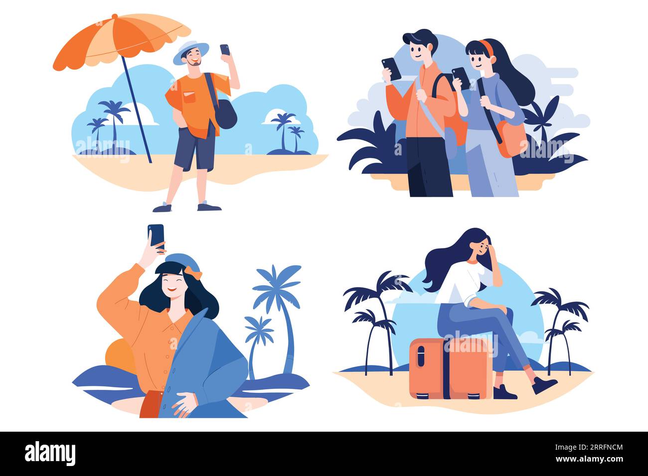 Hand Drawn Tourists relaxing by the sea on vacation in flat style ...