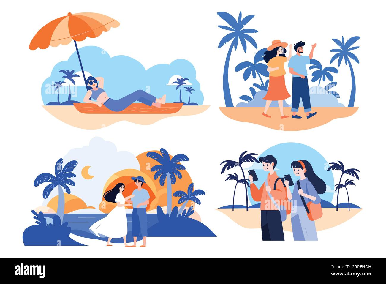 Hand Drawn Tourists relaxing by the sea on vacation in flat style ...