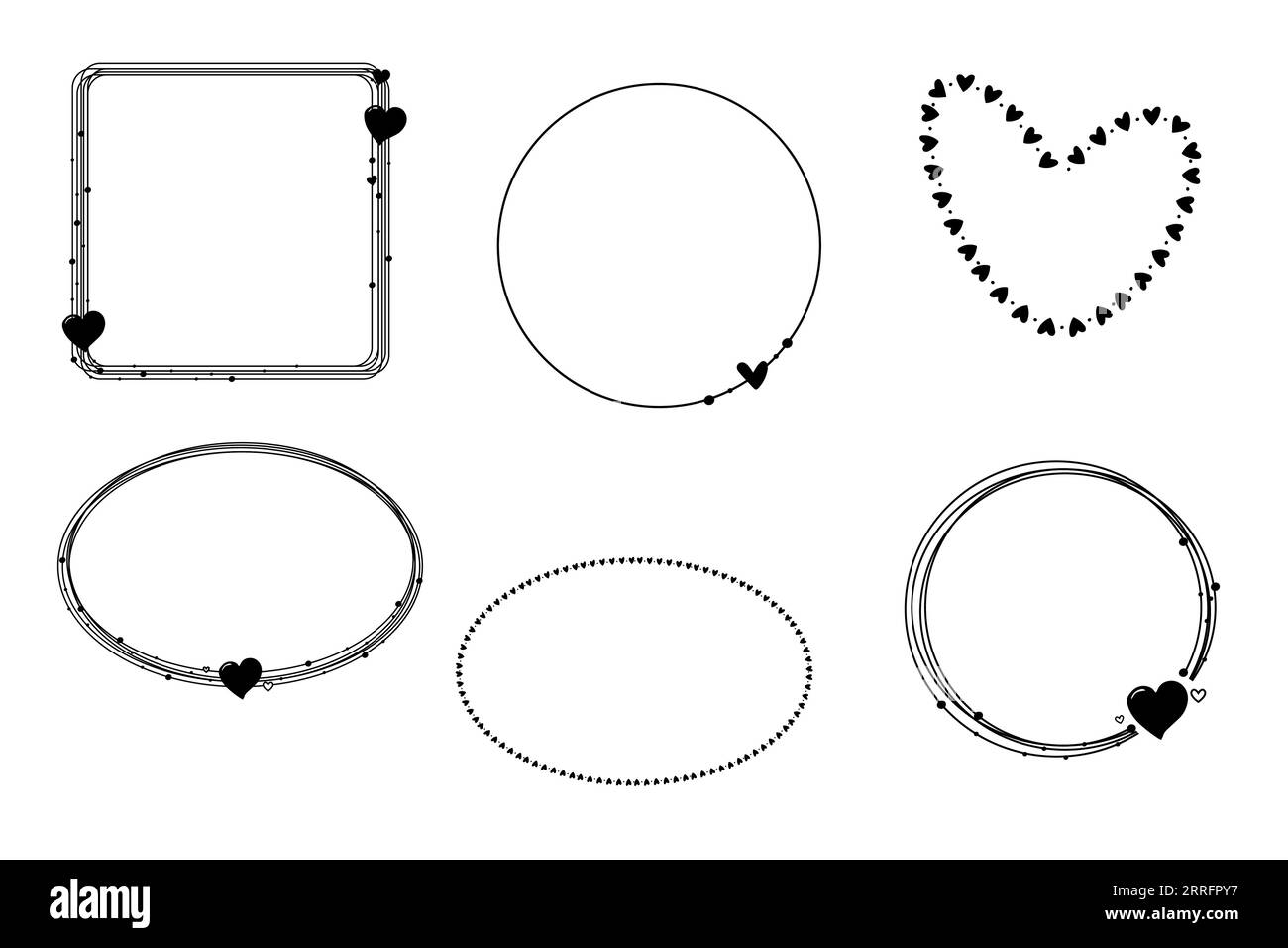 Set doodle frames with dots and hearts different shapes line simple in ...