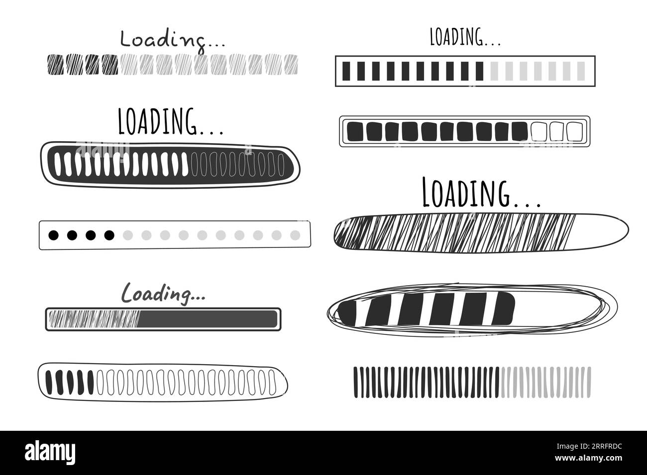 Set Loading Bar Progress In Doodle Style Isolated On White Background
