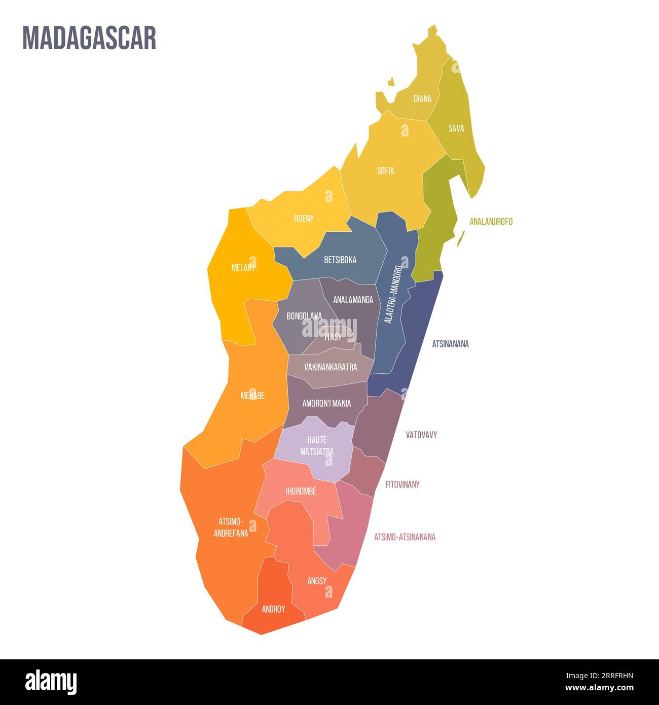 Madagascar political map of administrative divisions - regions. Colorful spectrum political map ...
