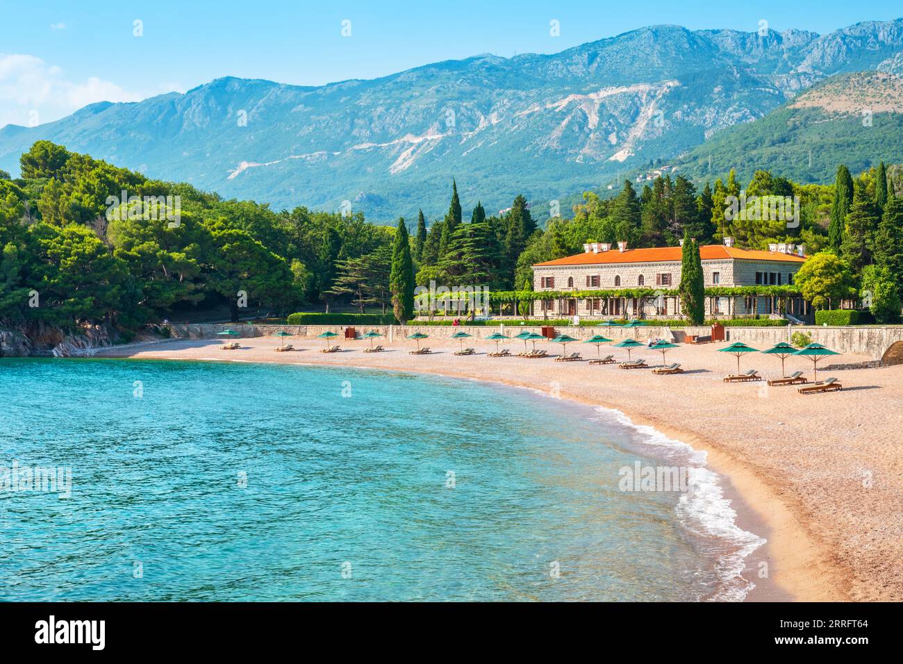 Scenic view of Milocer (King's) beach and park on Adriatic riviera ...