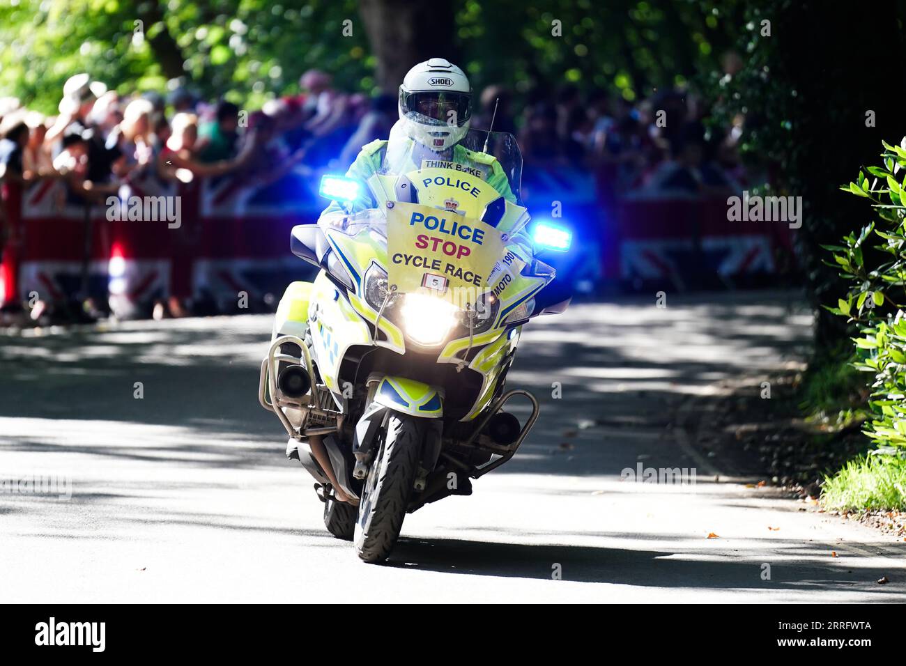 Police motorcyclists ride ahead of the Tour of Britain 2023 cycle race ...