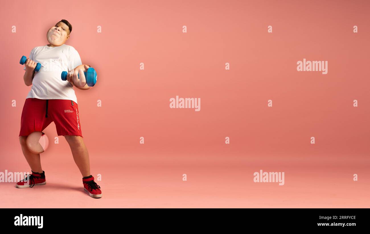 Creative collage. Fitness day. Fat young boy doing sport exercises with ...