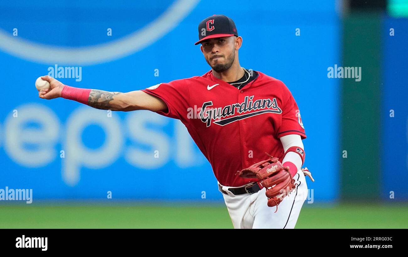 Cleveland Guardians right fielder Gabriel Arias throws during a ...
