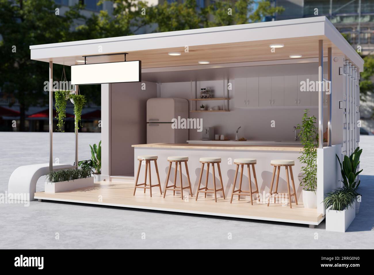 Exterior design of a minimal white street cafe or fast food restaurant ...