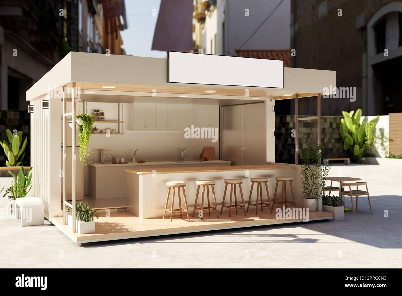 Exterior design of a minimal white street cafe facade on a sidewalk in ...