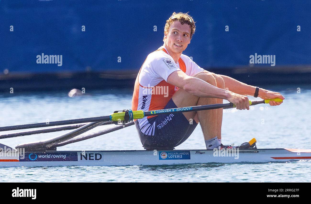 BELGRADE - Simon van Dorp in action in the semi-final single skiff ...