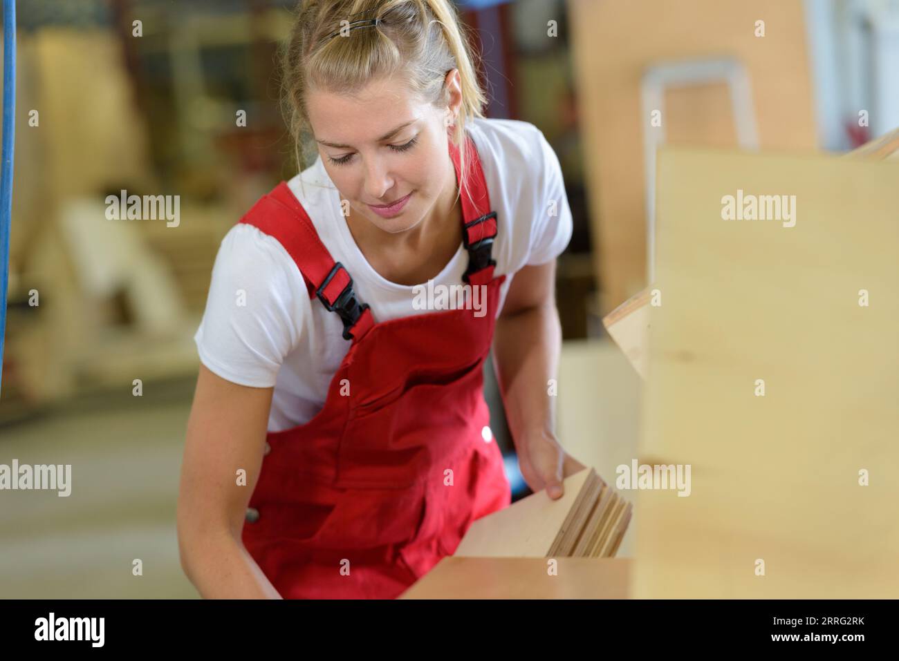 female worker placing wood boards Stock Photo - Alamy
