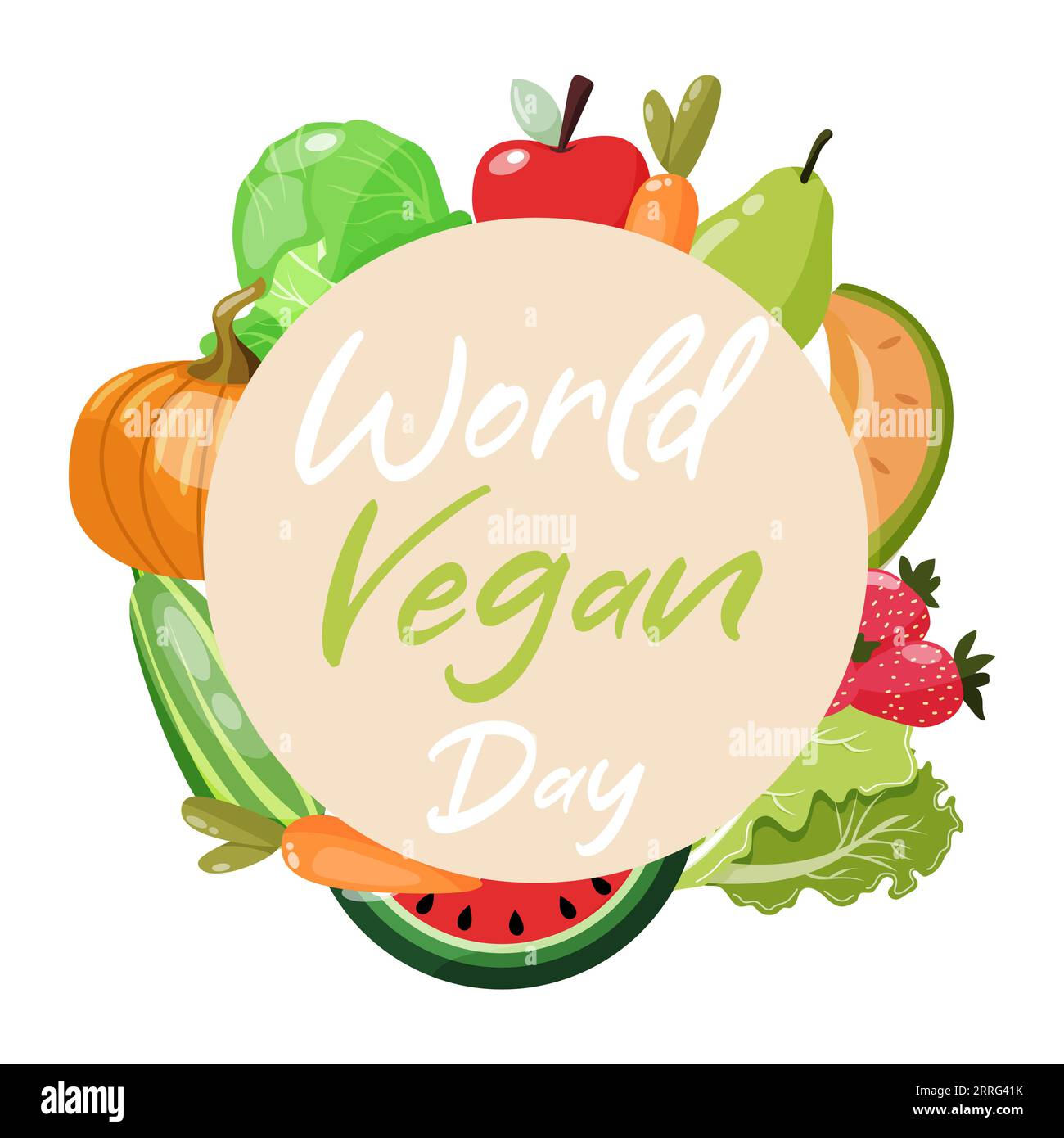 World vegan day beige round frame with colourful vegetables and fruits ...