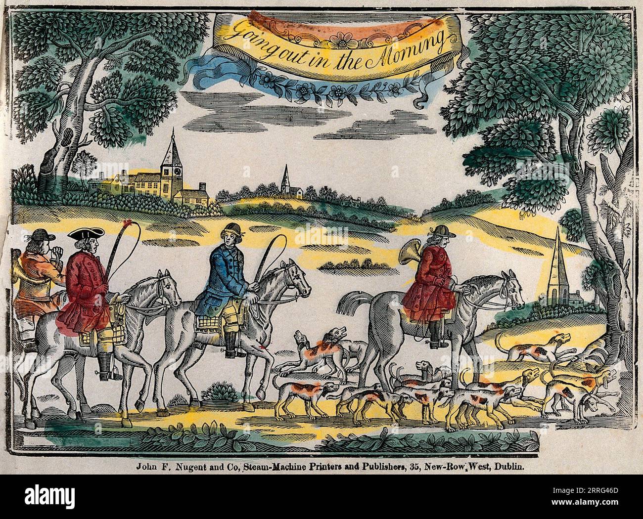 Four hunters on horseback with hounds, setting off for the hunt, a ...