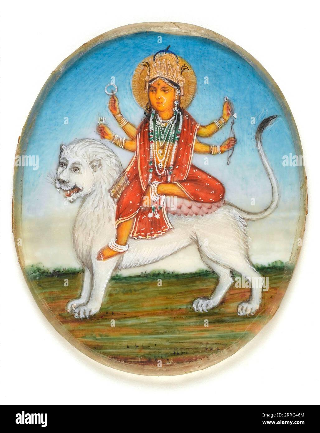 The Hindu goddess Durga with four arms riding on a white lion. Gouache ...