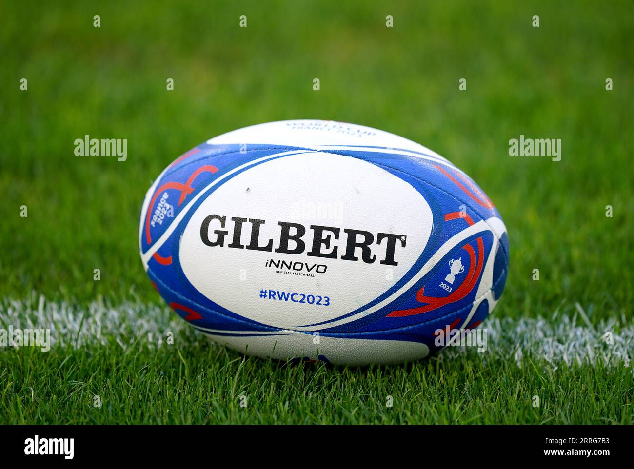 A general view of a Rugby World Cup 2023 branded Gilbert ball during ...