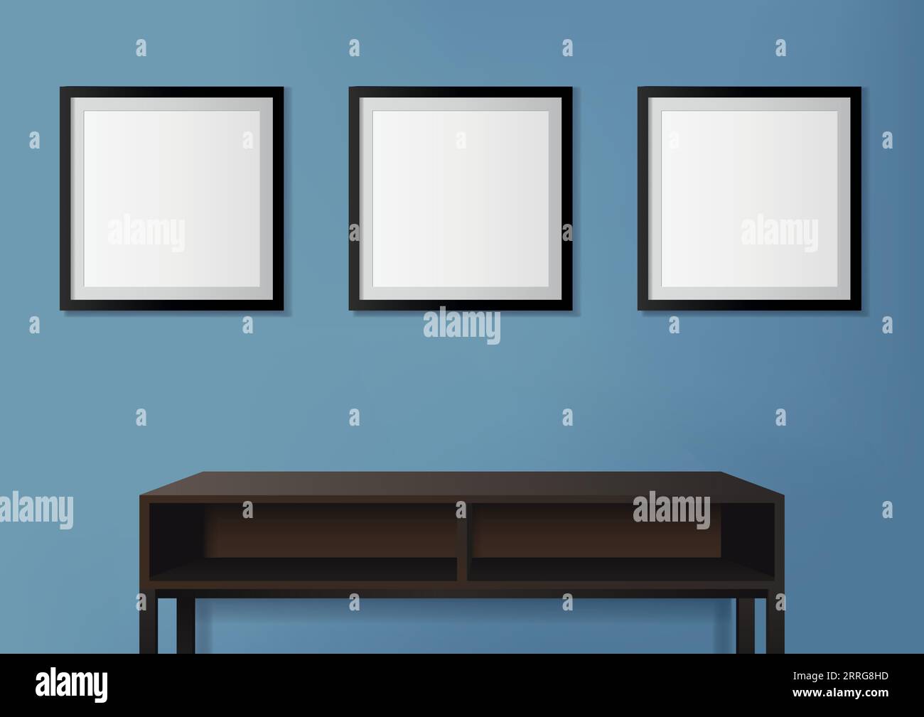 Vector illustration of photo frames on blue wall with empty table as ...