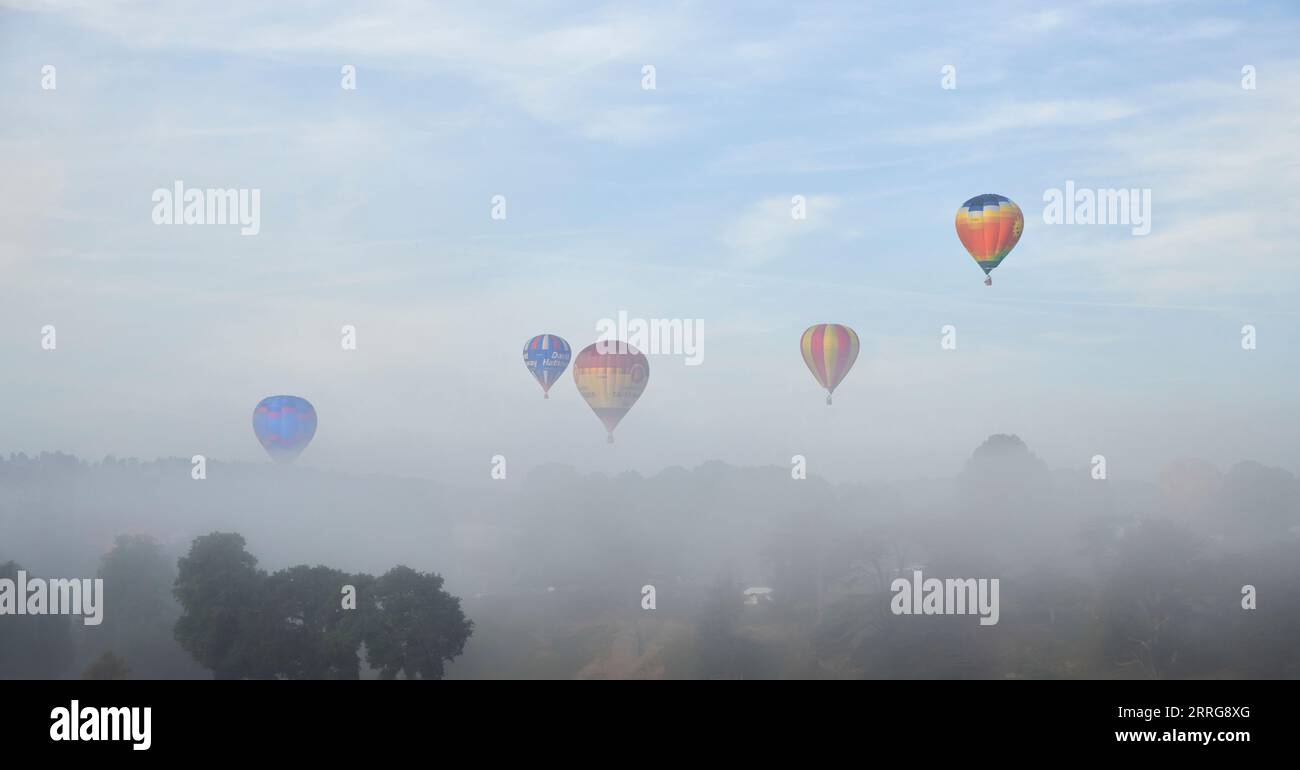 Hot air balloons floating above misty landscape at dawn with trees and ...