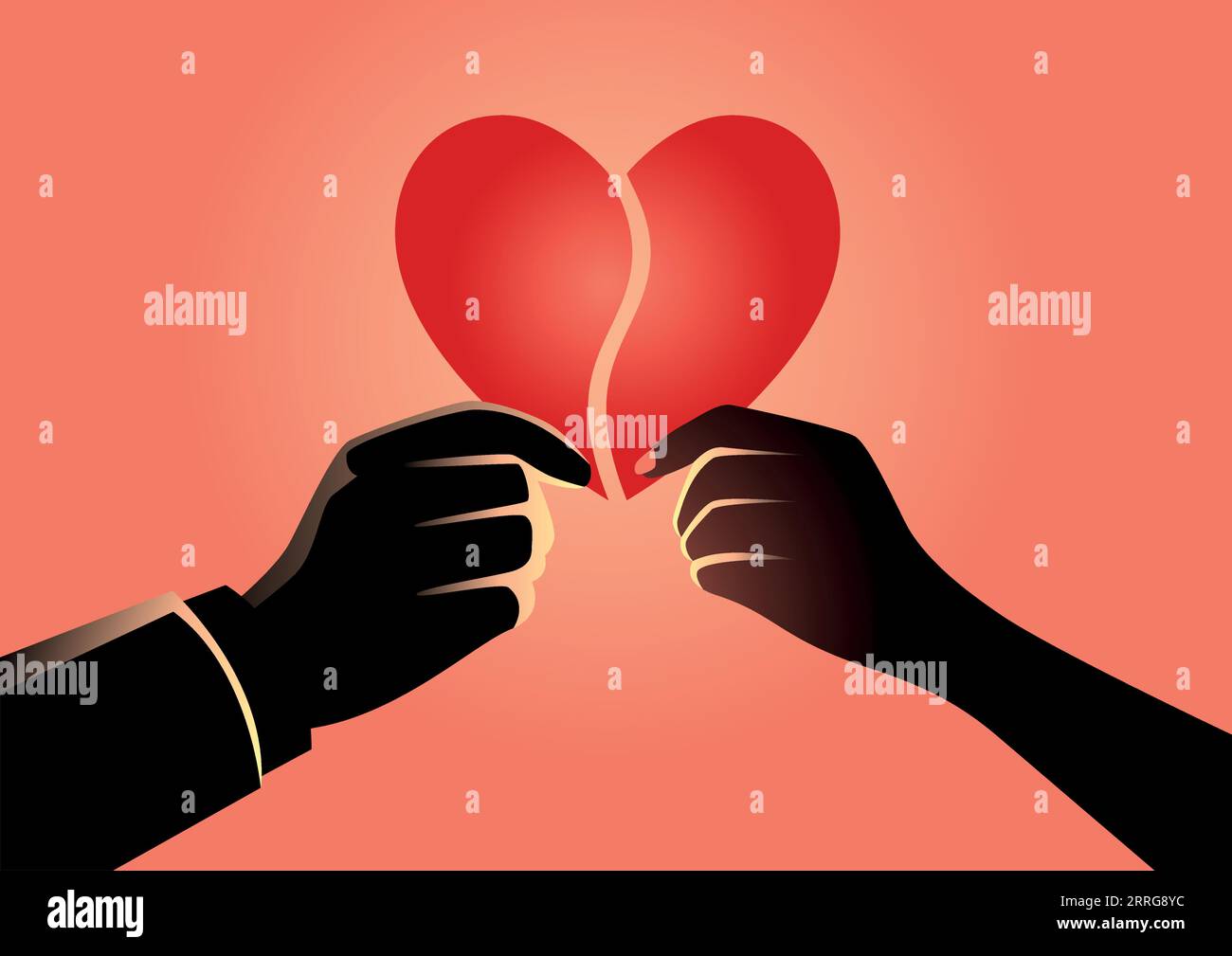 Vector illustration of a man and woman hand holding each part of heart ...