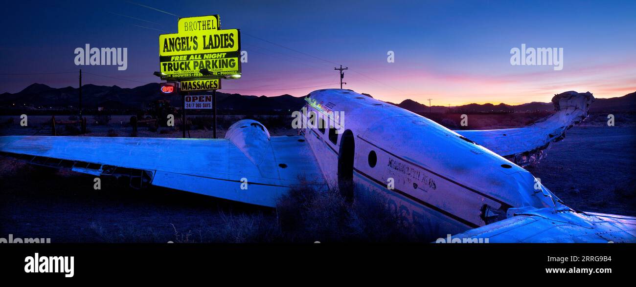 Beech 19 aircraft outside of Angel's Ladies legal brothel located in Beatty, Nevada, USA Stock ...