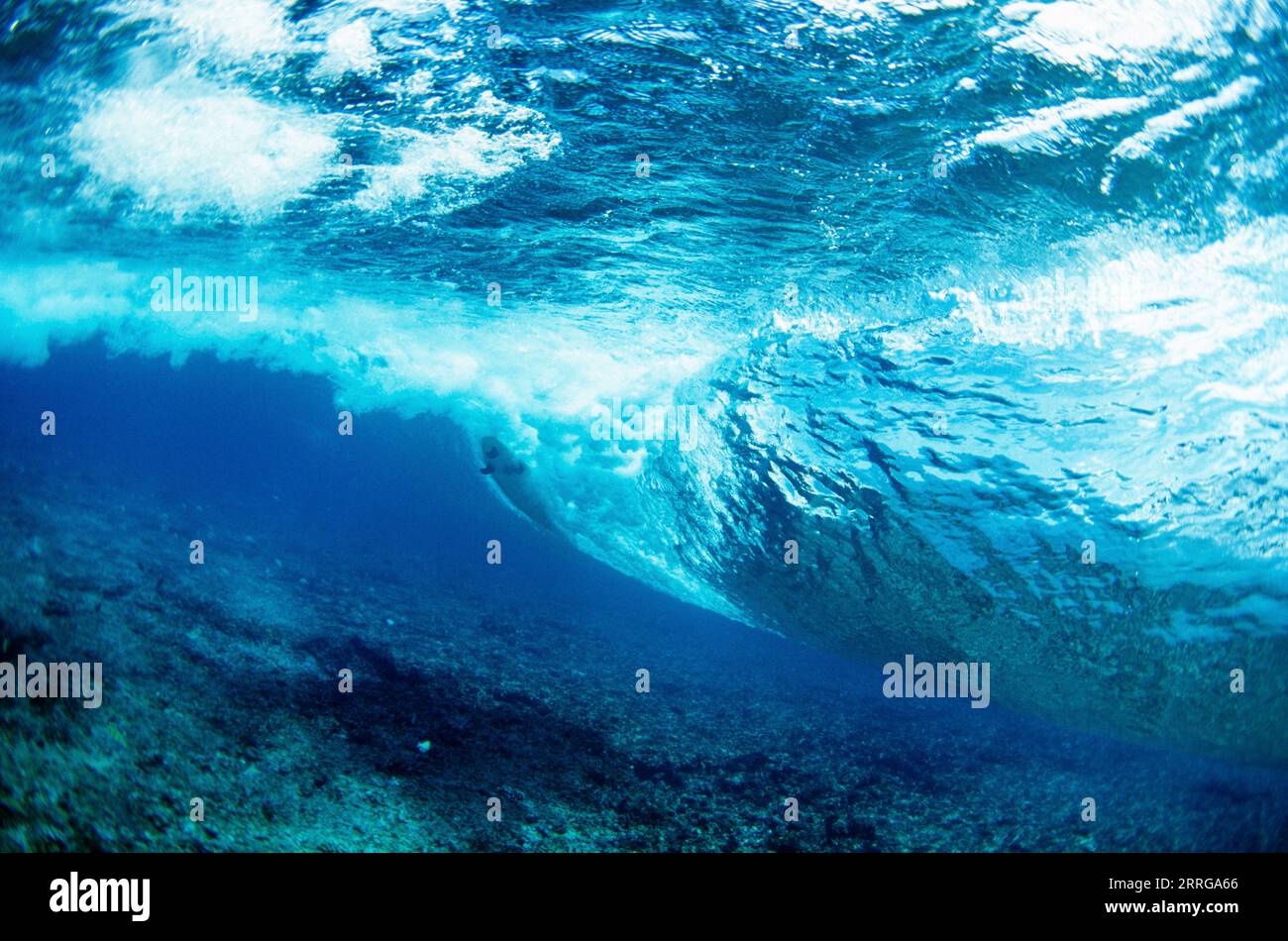 Underwater view of the ocean floor looking up through a wave in Hawaii ...