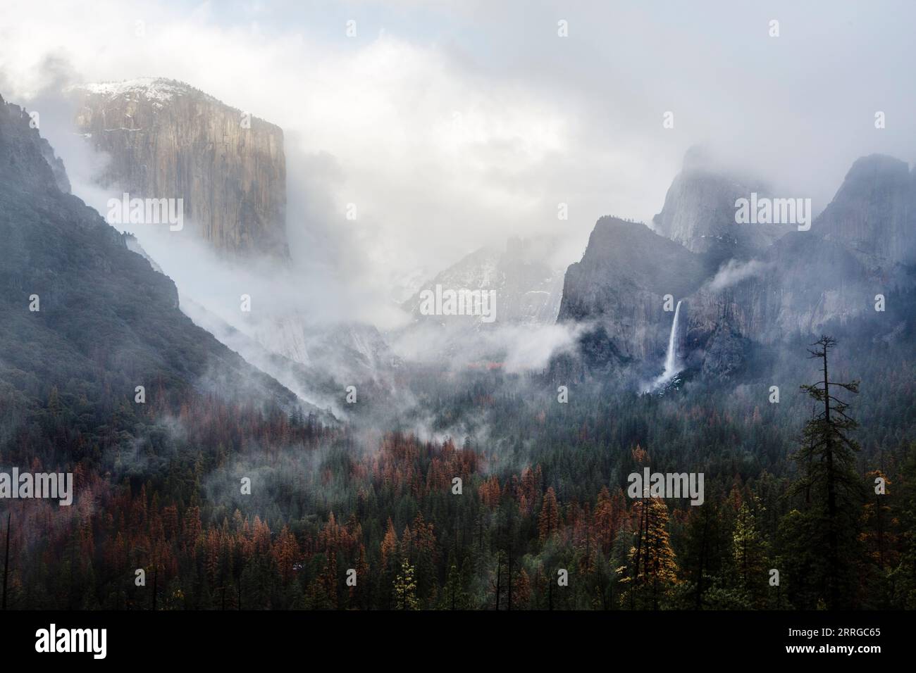 Fog and clouds hover over Yosemite Valley as seen from Tunnel View ...