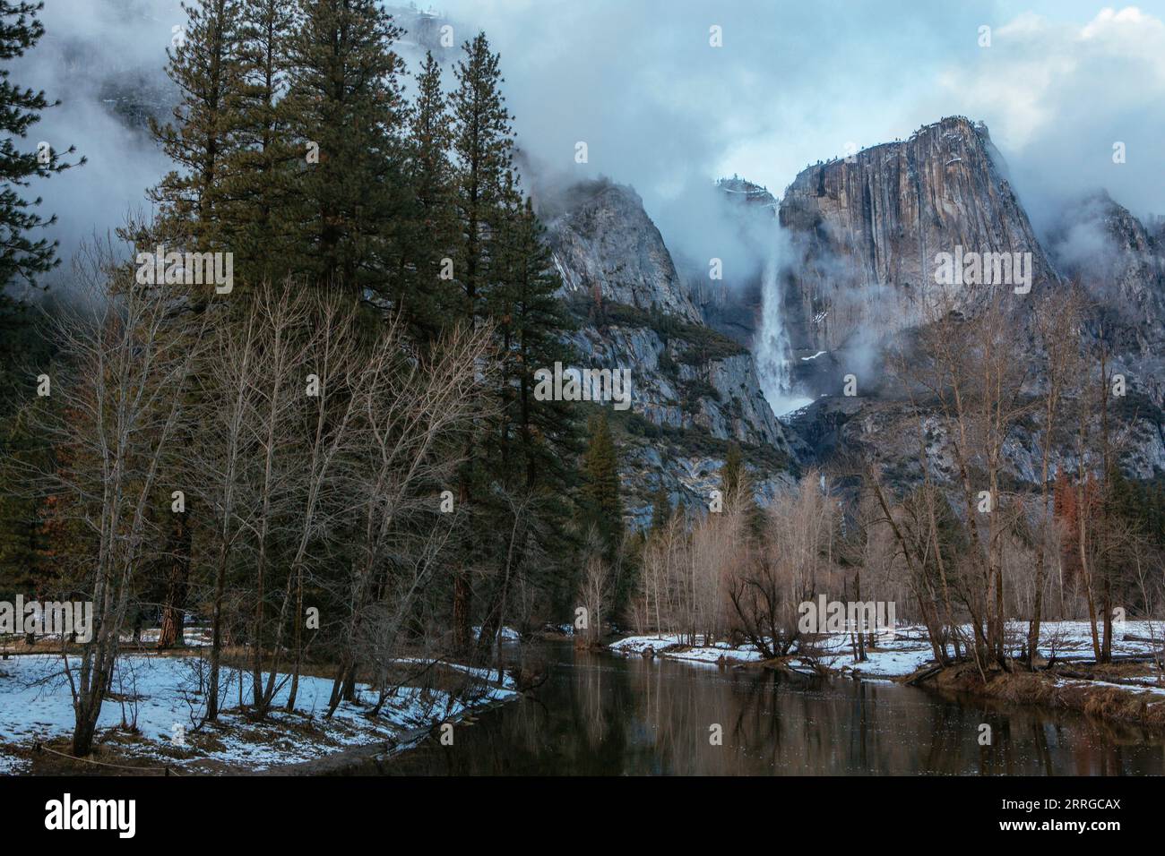 Yosemite Falls seen above the Merced River in Yosemite National Park ...