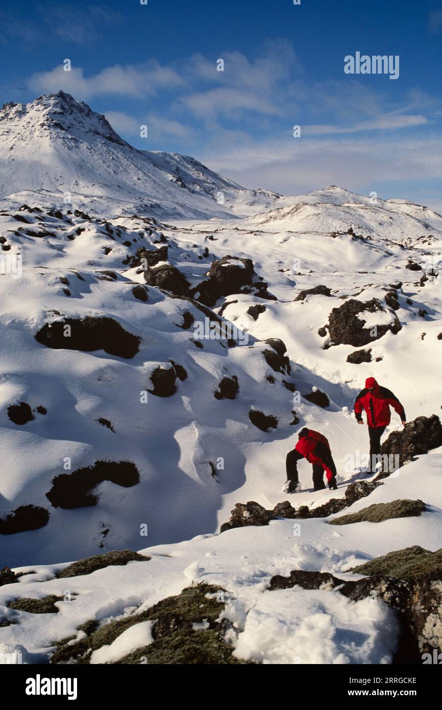 Two people trekking across rough mountain landscape in Iceland Stock ...