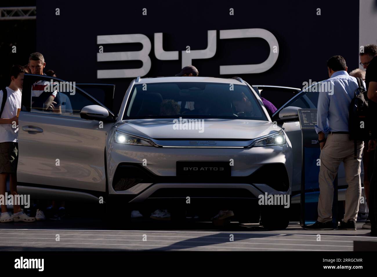 Visitors watch the BYD ATTO 3 at the IAA motor show in Munich, Germany ...