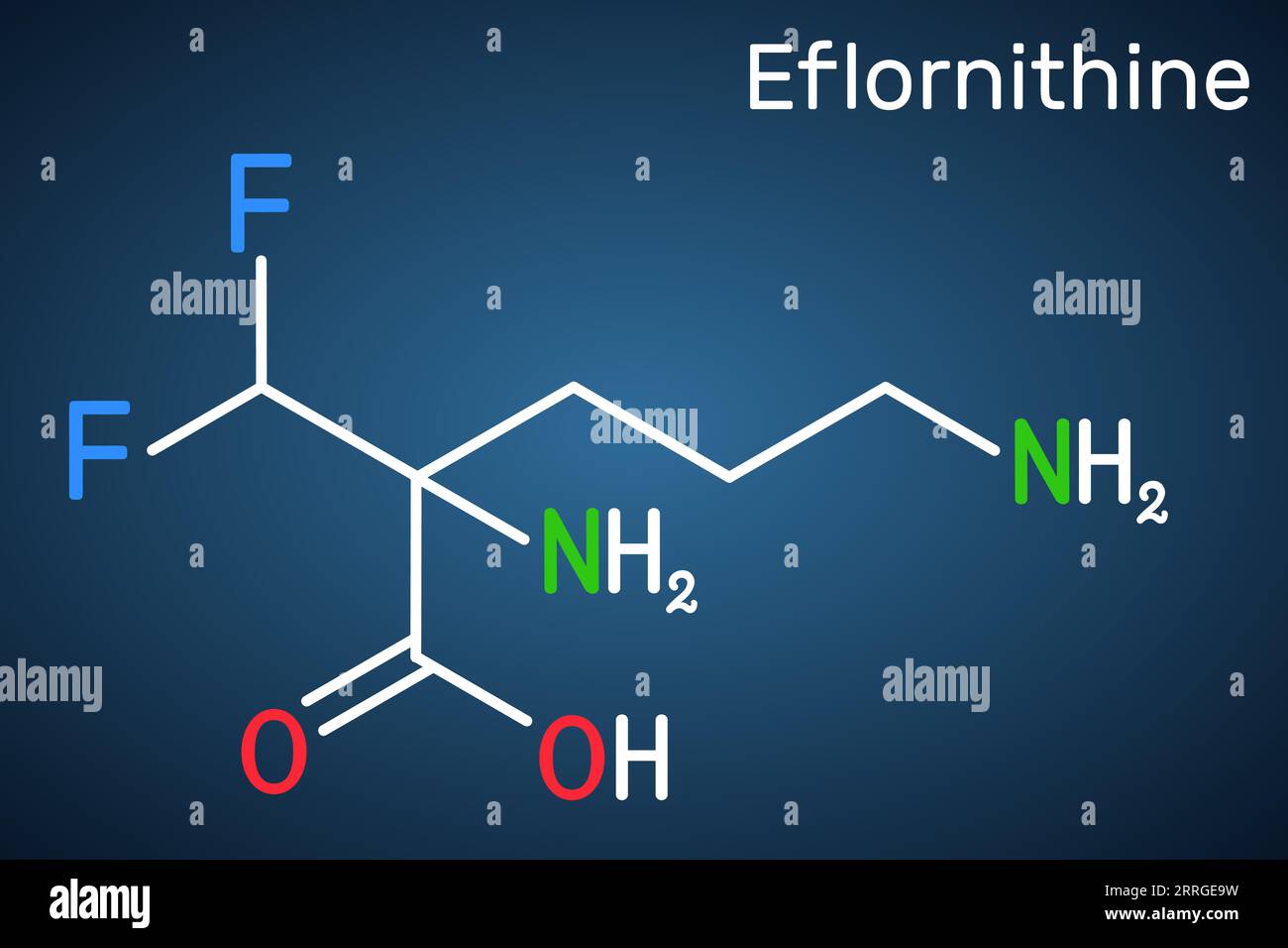 Eflornithine molecule. Structural chemical formula on the dark blue ...