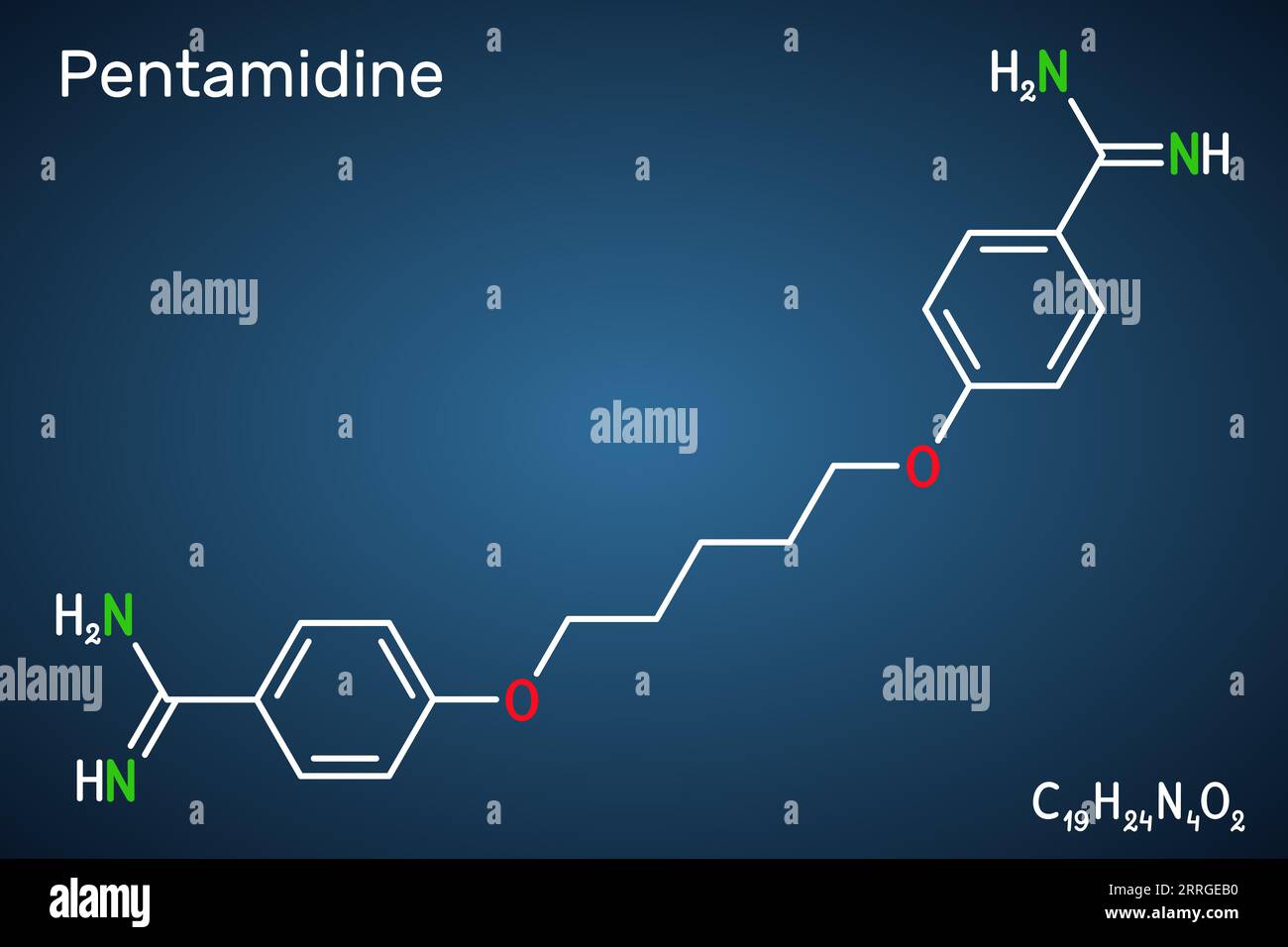 Pentamidine molecule. Structural chemical formula on dark blue ...