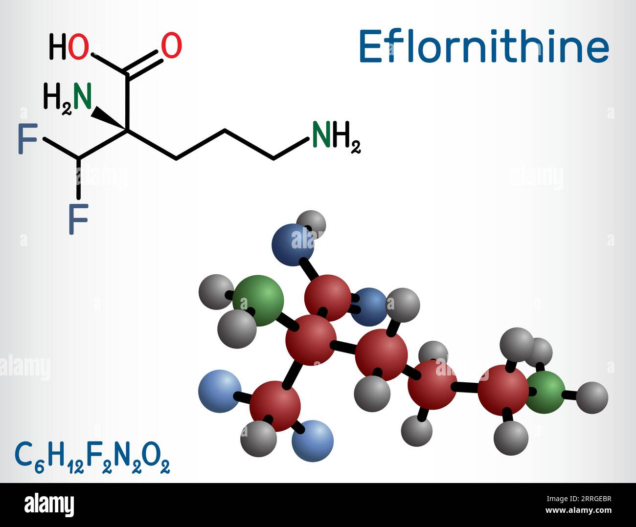 Eflornithine molecule. Structural chemical formula, molecule model ...