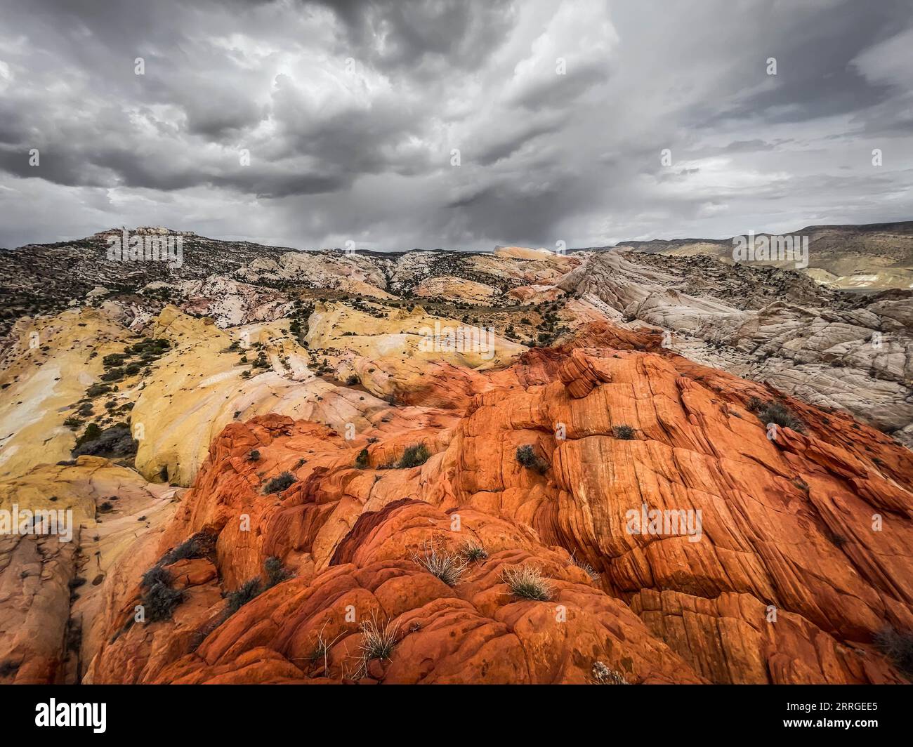 Moody clouds imply an impending storm over a colorful desert landscape ...
