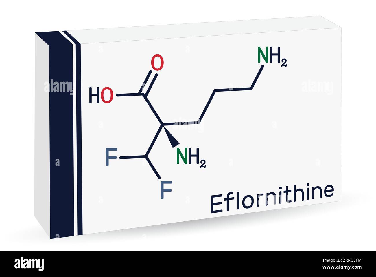 Eflornithine molecule. Skeletal chemical formula. Paper packaging for ...