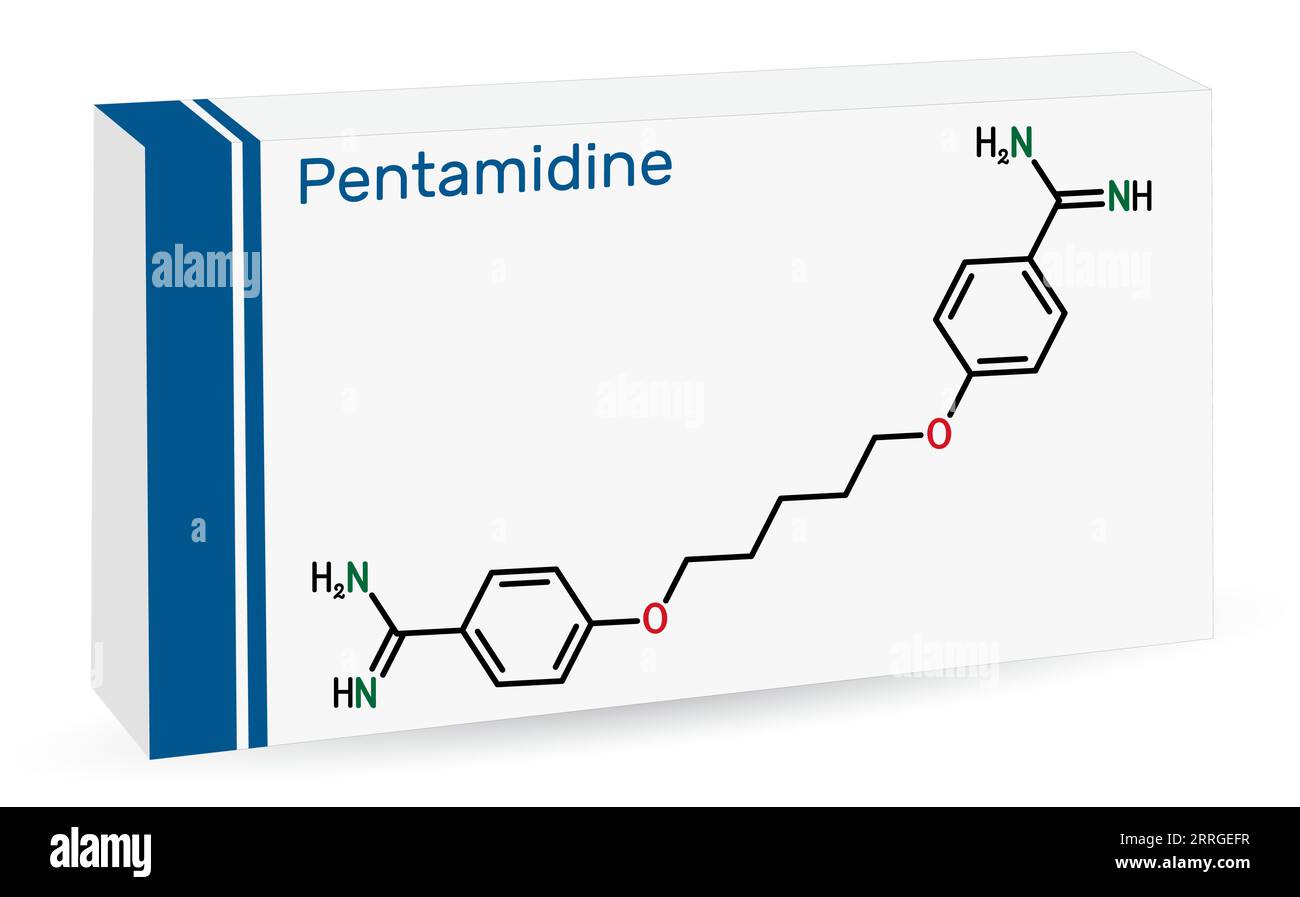 Pentamidine molecule. Skeletal chemical formula. Paper packaging for ...
