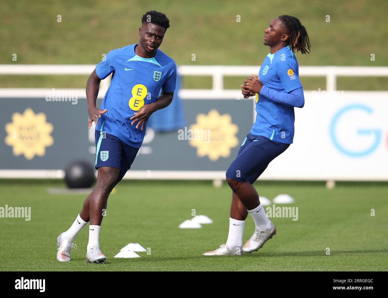 England’s Bukayo Saka (left) and Eberechi Eze during a training session ...