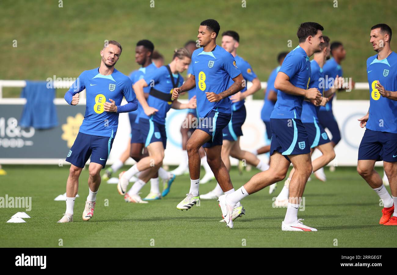 England’s James Maddison (left) during a training session at St. George ...