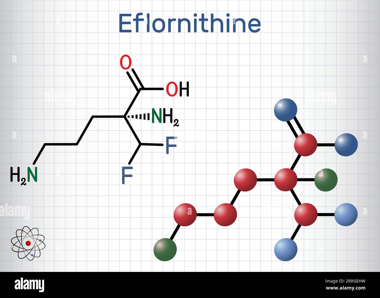 Eflornithine molecule. Structural chemical formula, molecule model ...