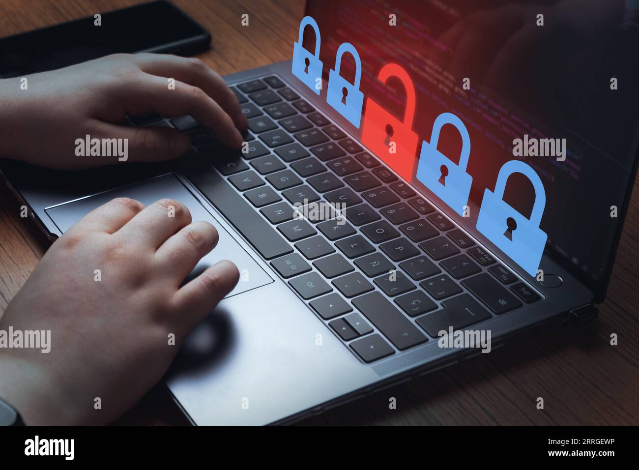 Woman on laptop solving hacker attack. Surveillance and security ...