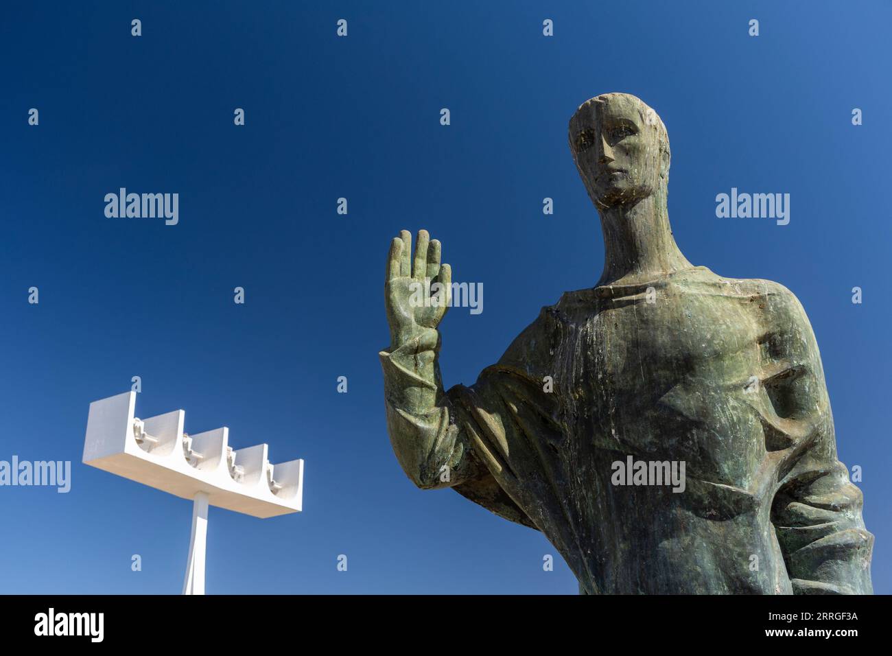 Beautiful view to modern architecture cathedral bell tower and statue ...