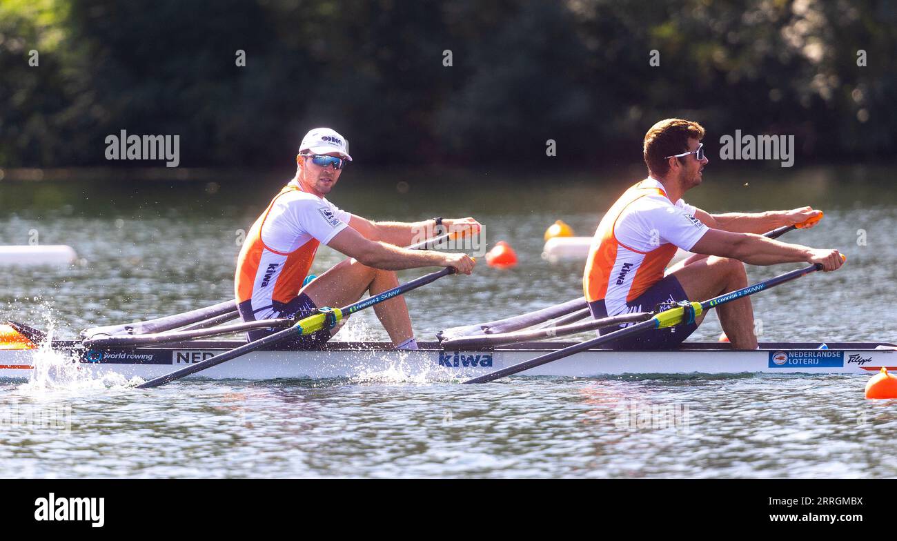 BELGRADE - Melvin Twellaar and Stef Broenink in action in the semi-final double skiff during the ...