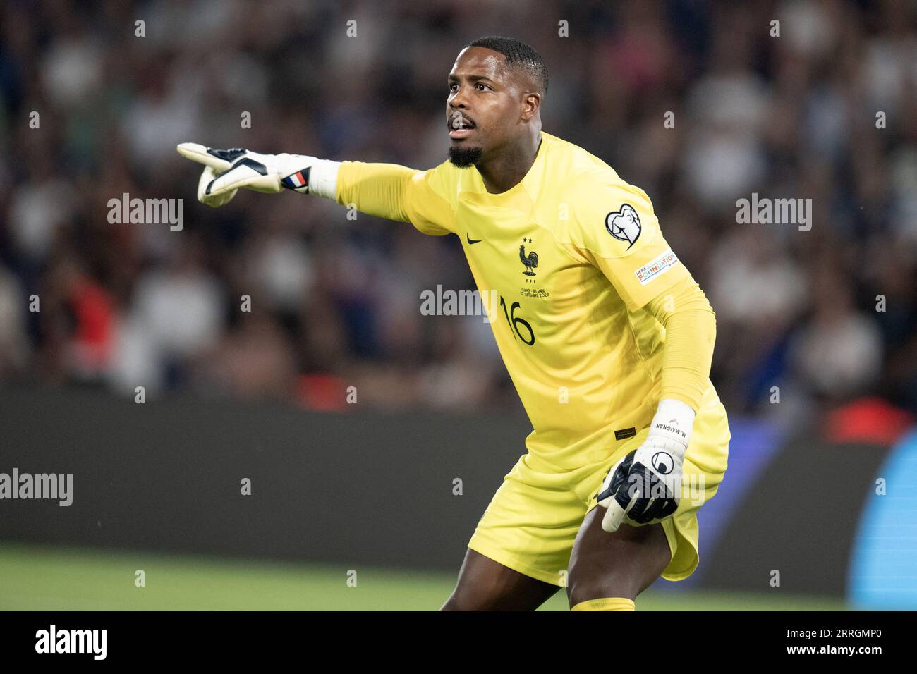 Paris, France. 02nd Aug, 2023. France goalkeeper Mike Maignan in action during the UEFA EURO ...