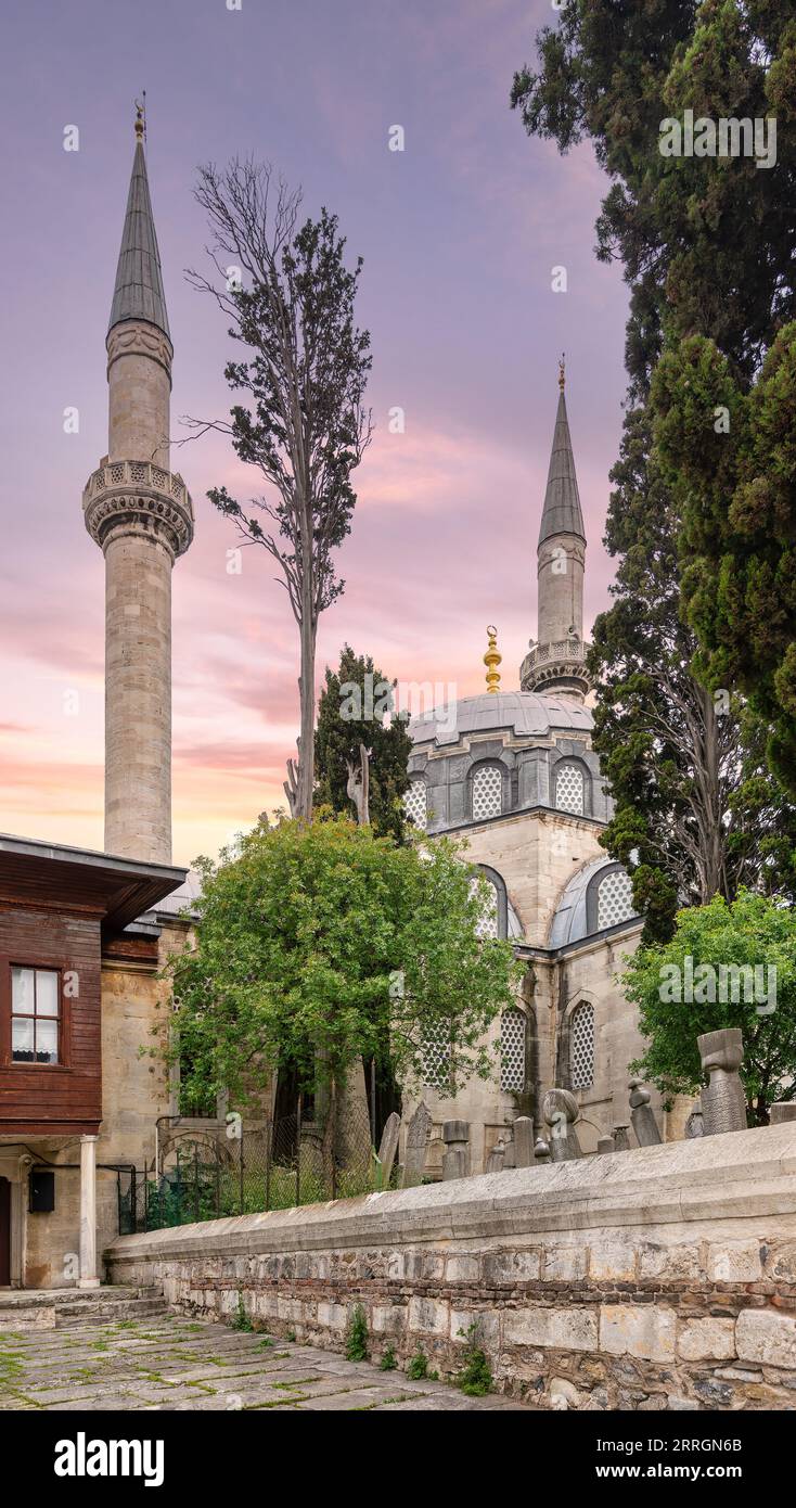 16th century Atik Valide Mosque, surrounded by tall lush trees, located ...