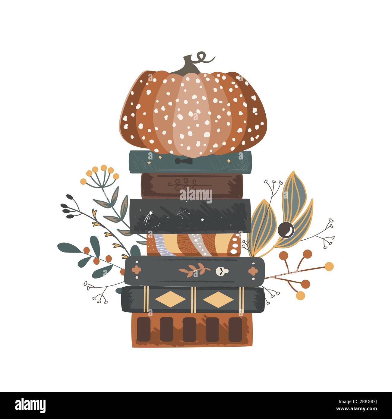 Vector pile of books with a pumpkin above and flowers. Cartoon ...