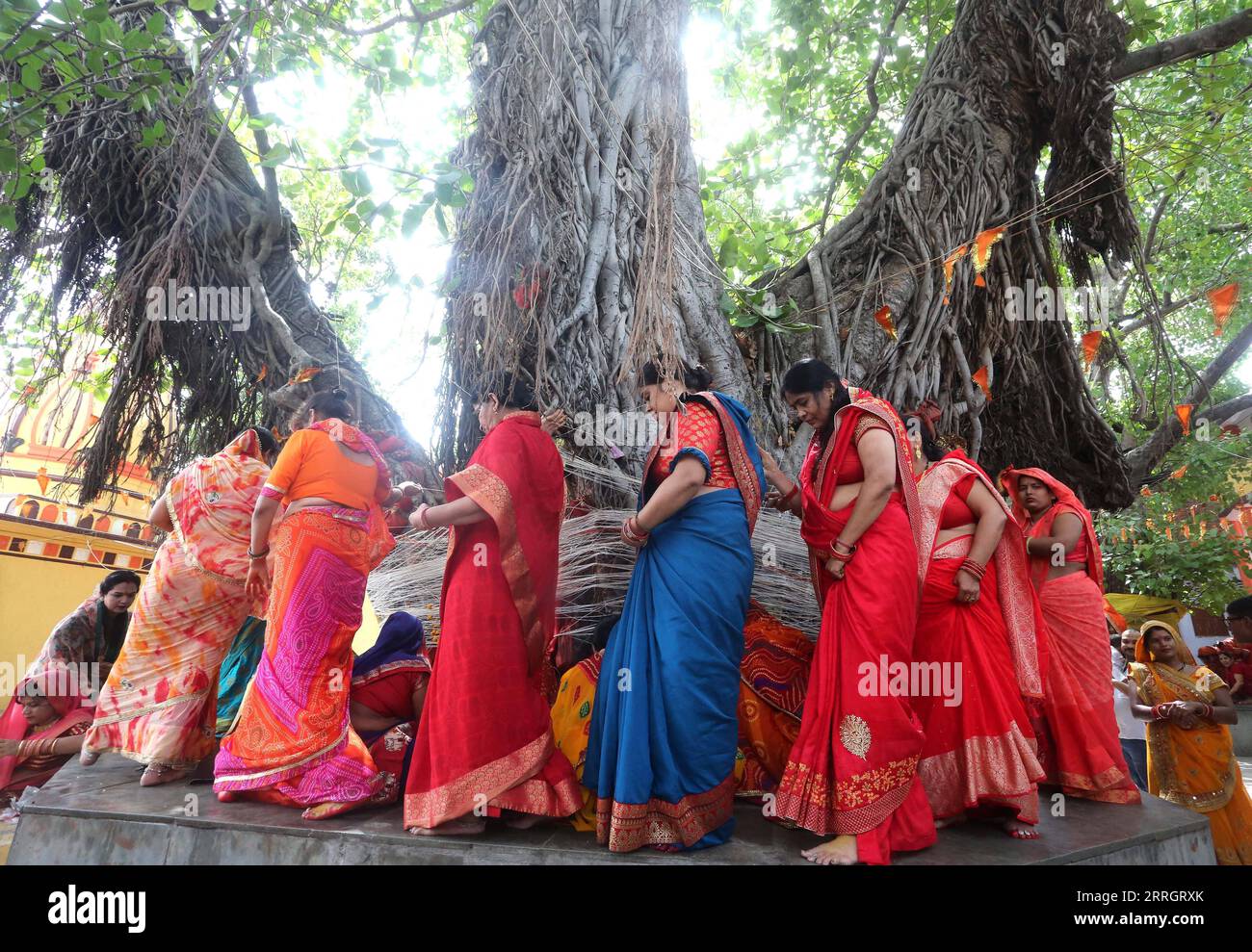 220530 -- BHOPAL, May 30, 2022 -- Women worship a banyan tree on the ...