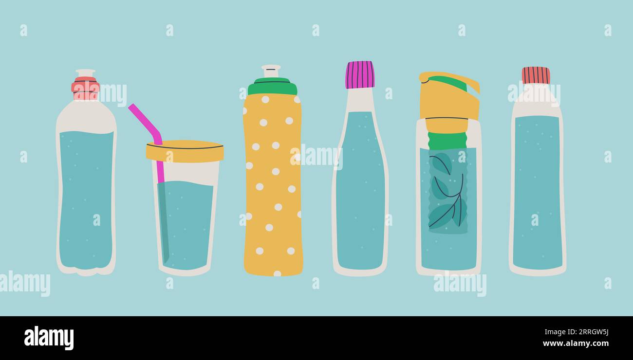Set of different water bottles. Reusable glass container. Various ...