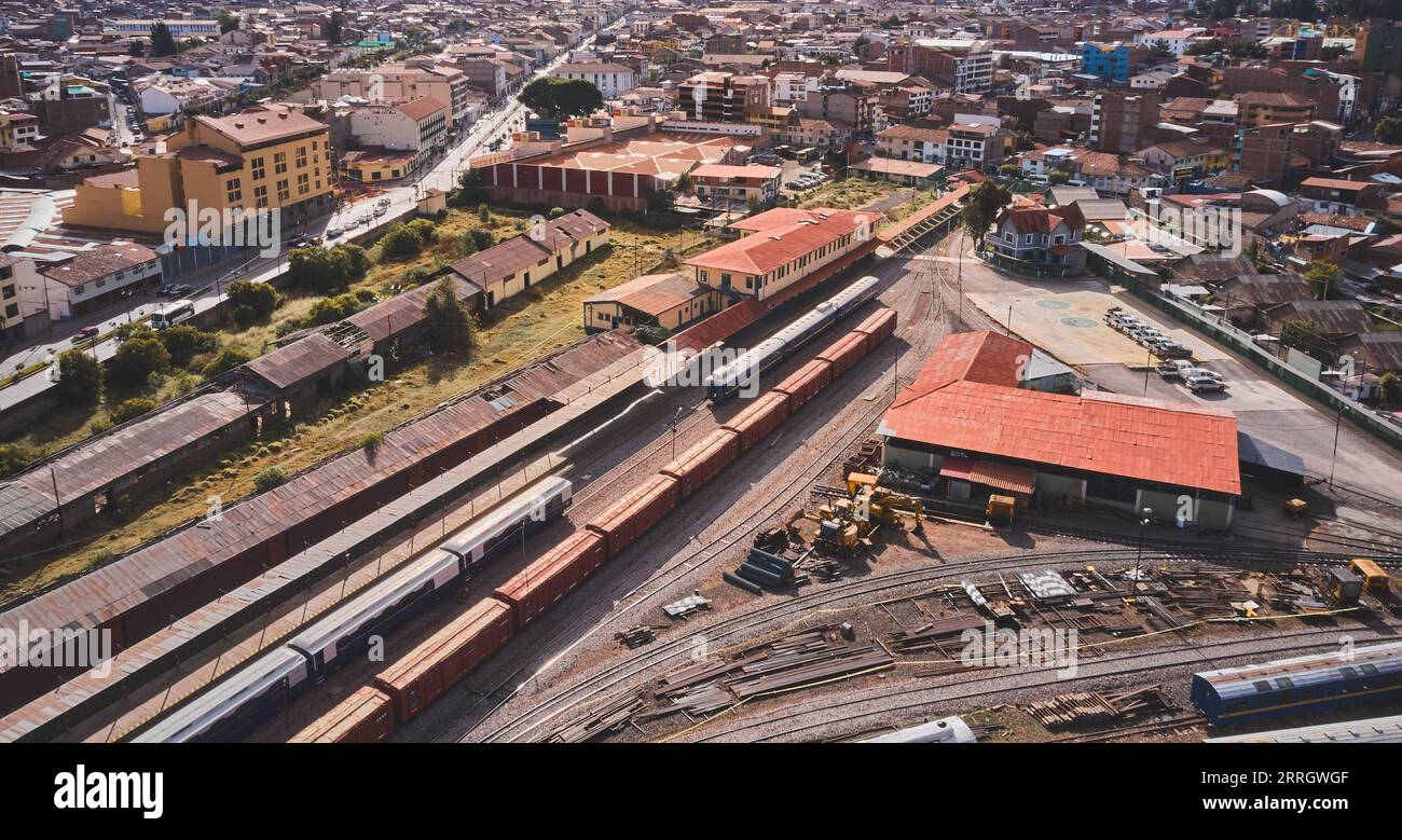 Aerial view of a railway station Wanchaq, Peru Rail, Cusco Peru Stock ...