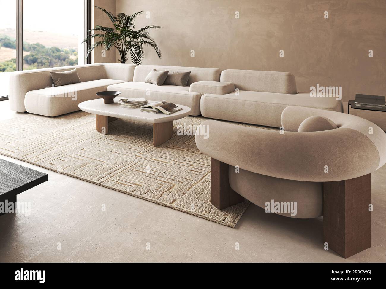 Boho beige livingroom with palm plants and decor - carpet background ...