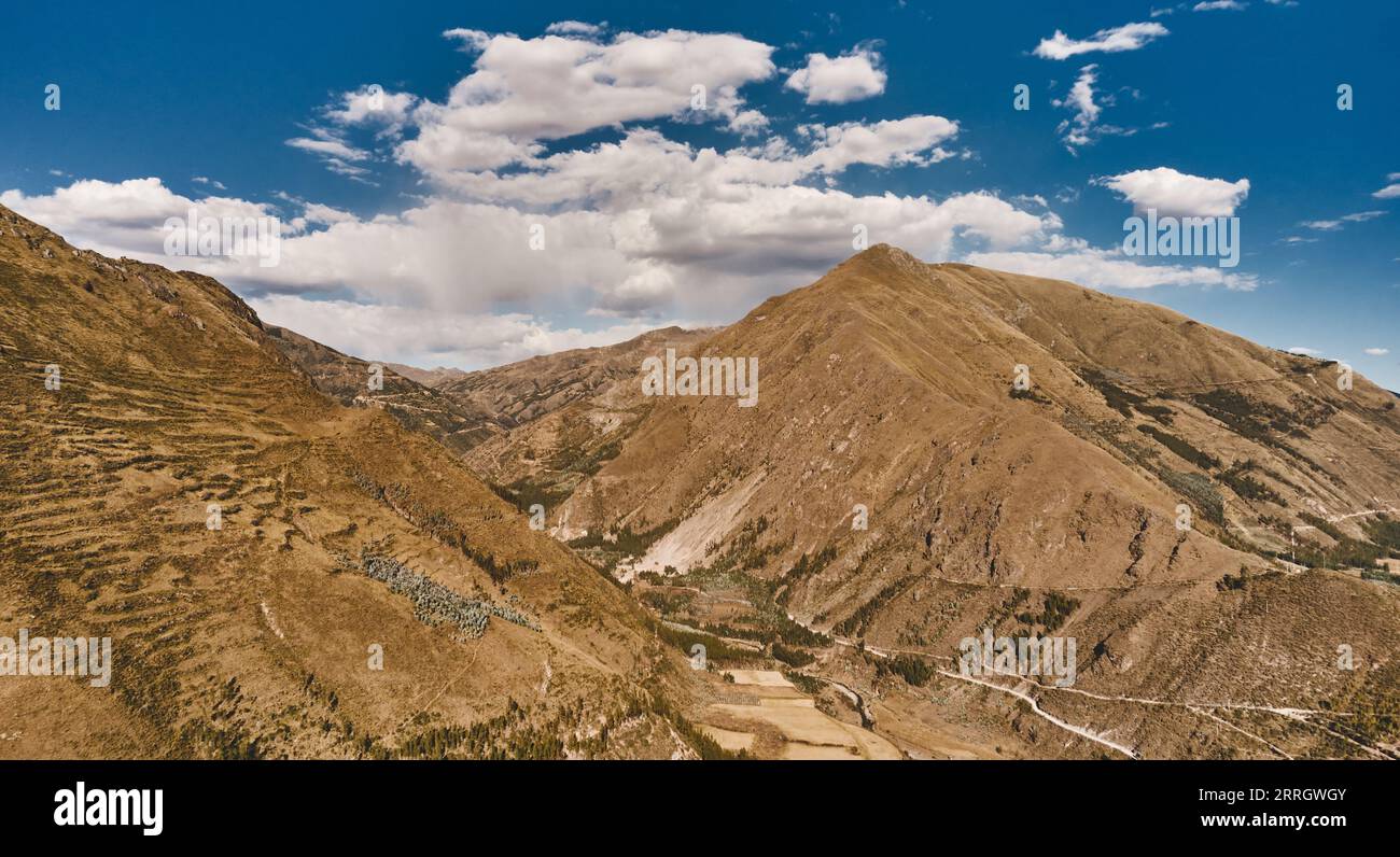 Aerial Landscape panoramic view to Urubamba river and sacred valley ...