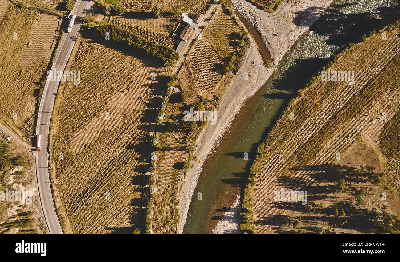 Aerial Landscape panoramic view to Urubamba river and sacred valley ...