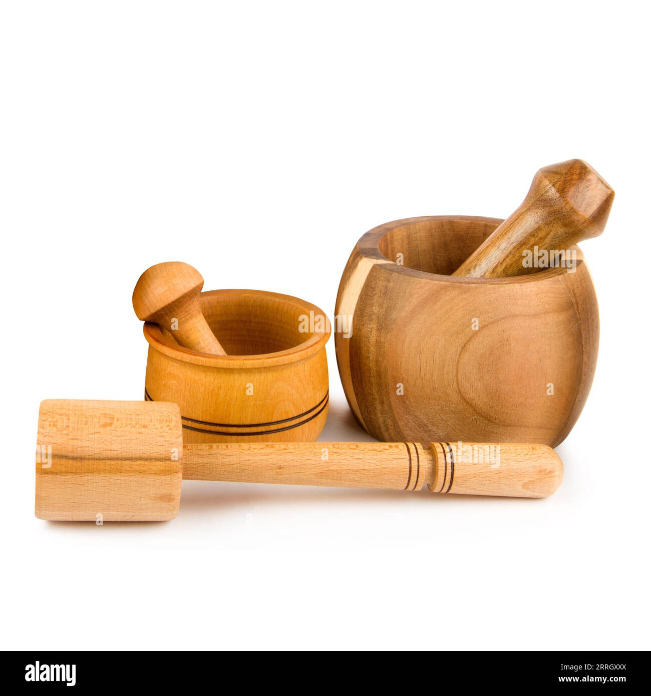Set of wooden pestles and mortars isolated on a white background Stock ...