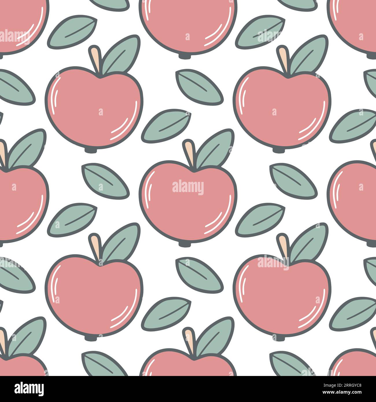 Hand drawn red apples and leaves seamless pattern. Ripe fruit ...